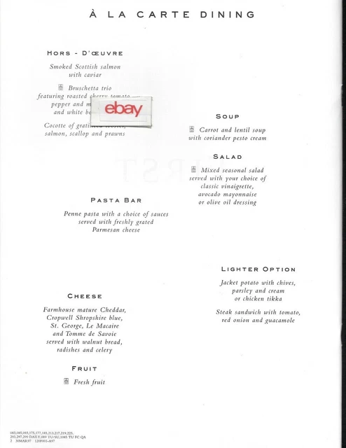 BRITISH AIRWAYS FIRST Class Menu 3/30/1997 Seattle / London Ein La ...