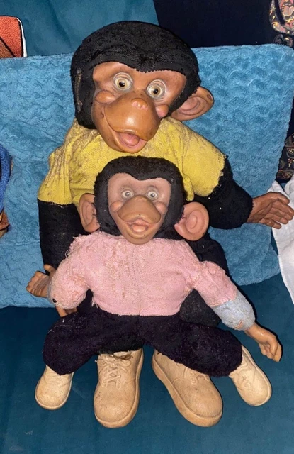 2 X ANTIQUE? Jacko monkeys 1 X Baby chimpanzee rubber face stuff toys ...