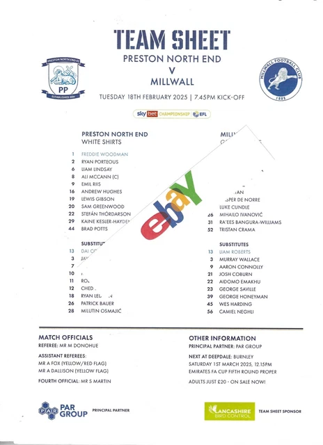 PRESTON NORTH END v Millwall Teamsheet 18/2/2025 £4.10 - PicClick UK
