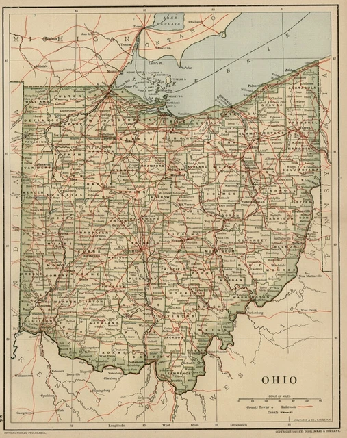 OHIO MAP GENUINE Dated 1891 Towns, Counties, Canals, Railroads, Area ...