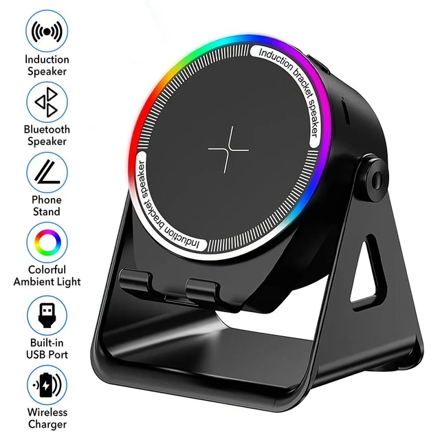 WIRELESS INDUCTION SPEAKER 6-in-1 Bluetooth 5.3 Phone Stand with 360 ...
