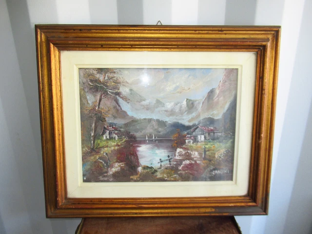 ANCIEN TABLEAU REPRÉSENTANT La Montagne Chalets Au Bord Lac-Cadre En Bois Doré EUR 79,00 ...