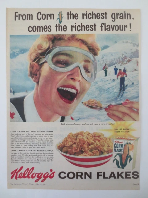 VINTAGE AUSTRALIAN ADVERTISING 1958 ad KELLOGG'S CORN FLAKES ski girl ...