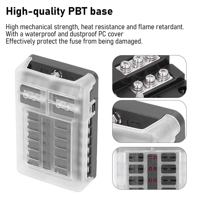 CAR 12-WAY FUSE Box Block & Negative Bus LED Light Indication ...