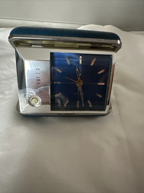 RARE VINTAGE BULOVA Blue MCM Lite Alarm Clock Foldable Stand W/Attached ...