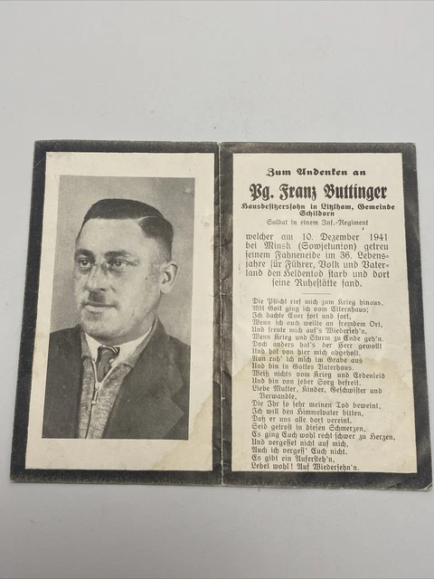 WW2 GERMAN DEATH Card Army Infantryman KIA 10/12/1941 Minsk, Russia £9. ...