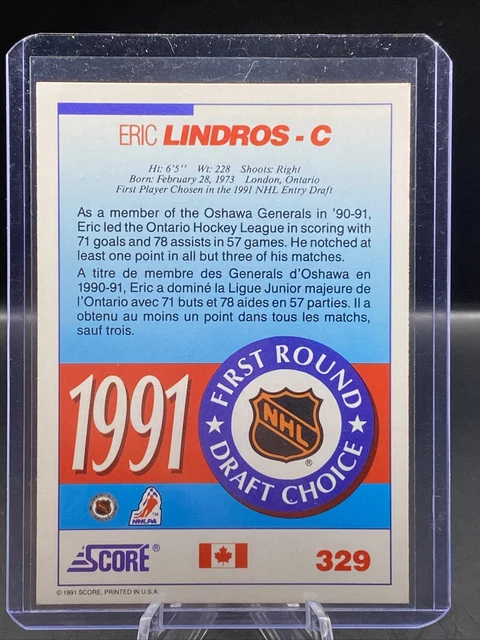 1991 SCORE - ERIC LINDROS FIRST ROUND DRAFT CHOICE BILINGUAL #329 ...