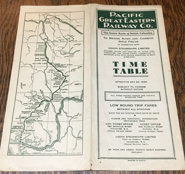 RARE 1946 PACIFIC Great Eastern Railway Co. Timetable, British Columbia ...