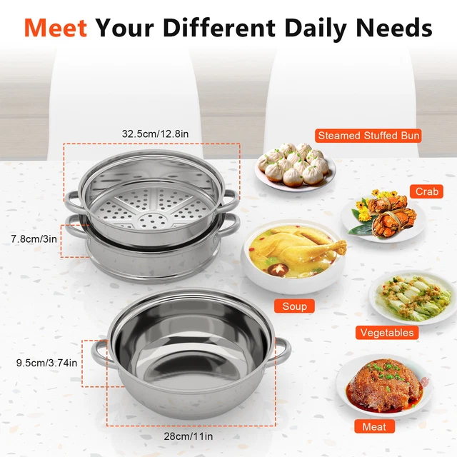 THREE TIER INDUCTION Hob Stainless Steel Steamer Steam Pot Cooker Set ...