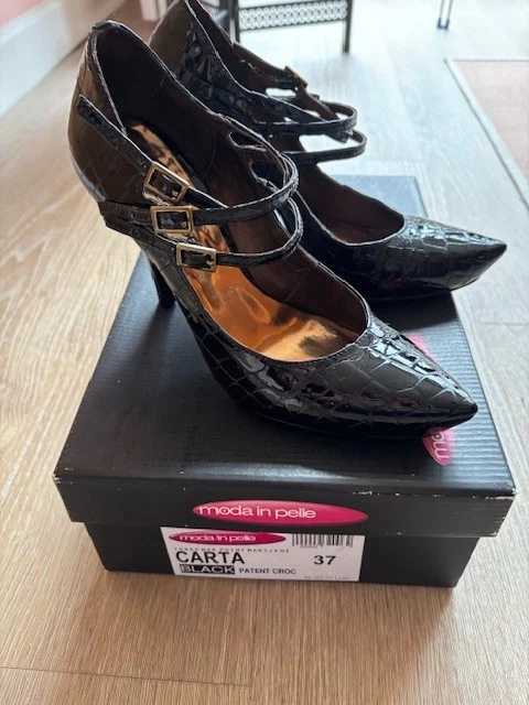 MODA IN PELLE Womens Shoes Mary Jane Black Patent Croc High Heel Buckle ...