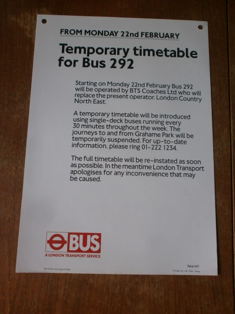 LONDON TRANSPORT TIMETABLE Panel Poster-Route 292 Temporary Timetable £ ...