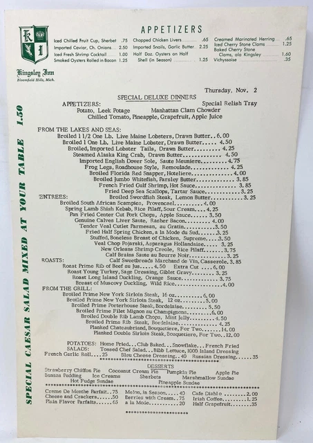 VINTAGE 1961 KINGSLEY Inn Restaurant Appetizer Menu Bloomfield Hills ...