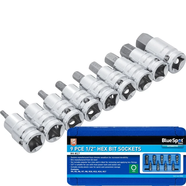 BLUESPOT 9PC METRIC Hex Bit Allen Key Sockets H4 ? H17 Set 1/2" Drive £ ...