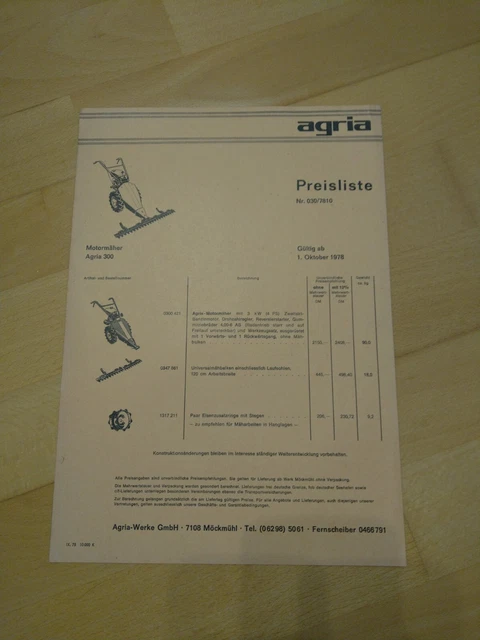 AGRIA 300 MOTORMÄHER Preisliste Balkenmäher EUR 7,50 - PicClick DE