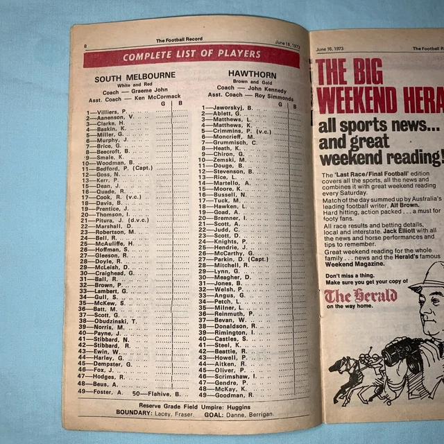 1973 VFL FOOTBALL RECORD, SOUTH MELBOURNE v HAWTHORN, 16 June 1973, $18 ...