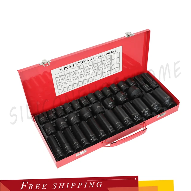 35PCS 1/2 INCH Drive Deep Impact Socket Tool Set Metric Garage Workshop ...