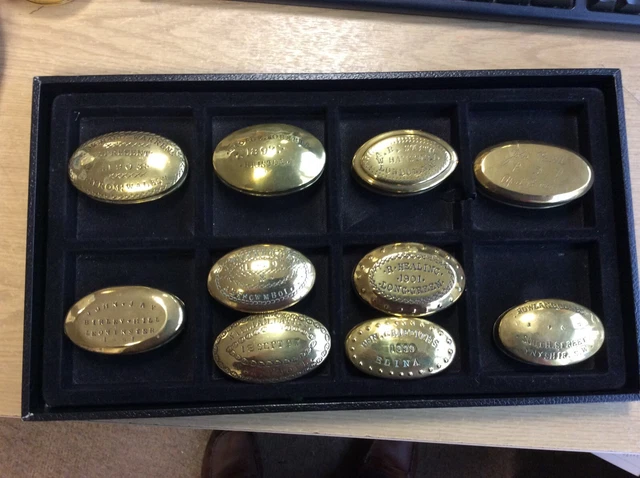 10 REALLY GOOD, clear unworn Welsh brass miners snuff tobacco boxes tin ... 10 REALLY GOOD, clear unworn Welsh brass miners snuff tobacco boxes tin ...