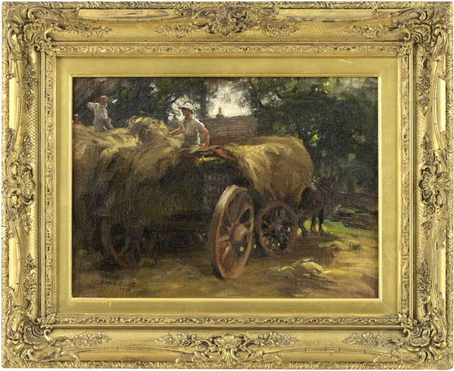 DESCARGA DEL CARRO de heno pintura al óleo antigua de Septimus Edwin ...