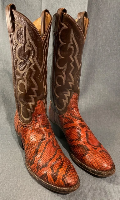 TONY LAMA EXOTIC Brown Leather Orange Python Snakeskin Cowboy Boots Men ...