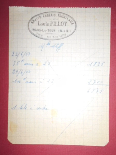 ANCIENNE FACTURE LOUIS Pilloy grains engrais Mars la Tour Vers 1940/45 ...