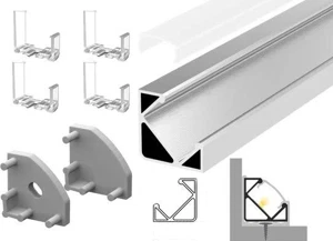 1 METRE SURFACE Corner LED Profile P3-1 C/W Clips, End Caps & Opal ...