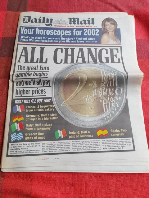 DAILY MAIL NEWSPAPER January 1st 2002 All Change Great Euro Gamble Al ...