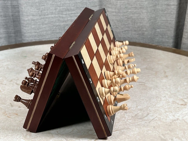 WOOD CHESS WOODEN Magnetic Board Hand Crafted Folding Chessboard Travel ...