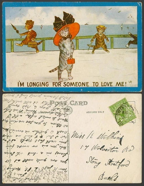 VIOLET ROBERTS ARTIST Signed Cats Old Postcard Am Longing For Someone ...