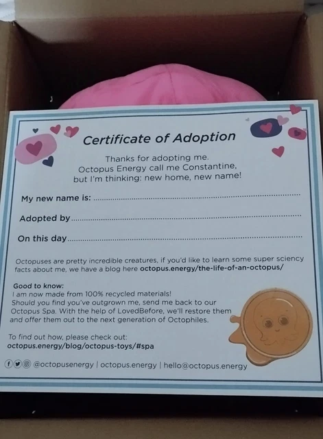 OCTOPUS ENERGY PINK Constantine Soft Toy 23cmx20cm + certificate New In ...