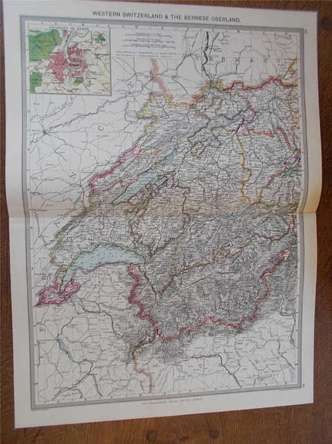 ANTIQUE C1904 COLOUR map of WESTERN SWITZERLAND from HARMSWORTH ATLAS £ ...