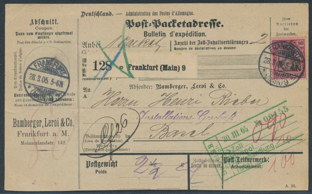 DT. REICH 80 Pfennig Germania EF parcel card 1905 Frankfurt to Basel ...