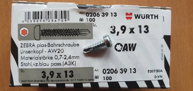 ART. 02063913 WÜRTH Zebra Pias Bohrschraube Schrauben Flachkopf 3,9x13 ...