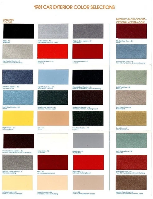 1981 FORD COLOR Paint Brochure/Chart: MUSTANG,THUNDERBIRD,LTD,ESCORT ...