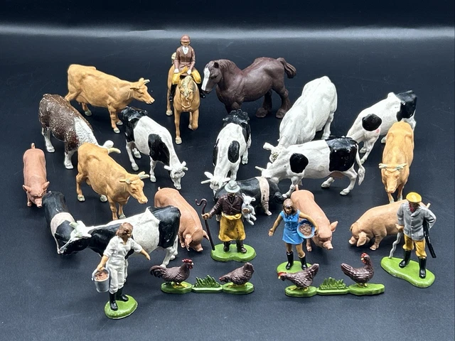 BRITAINS FARM ANIMALS Bundle 1970s Cows Horses Pigs Farm Workers x 24 ...
