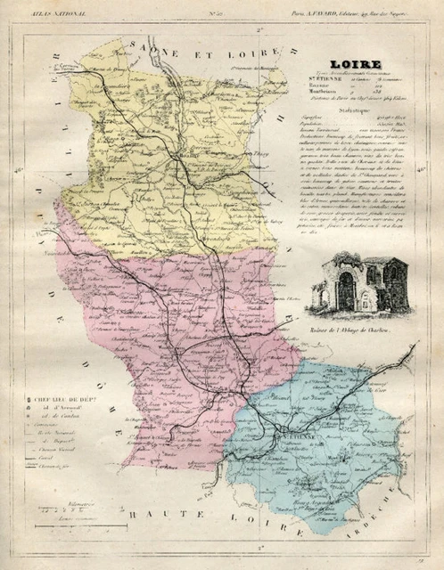 GENUINE ORIGINAL ANTIQUE 1877 France Hand Colored Map LOIRE French ...
