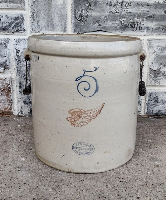 ANTIQUE VINTAGE 5 Gallon Red Wing Stoneware Crock w/ Bail Handles £130. ...