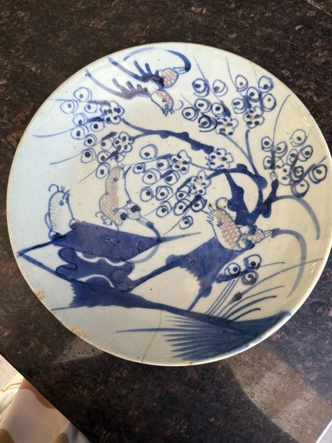 ANTIQUE CHINESE KANGXI Blue & White Porcelain Plate Birds & Blossoms ...