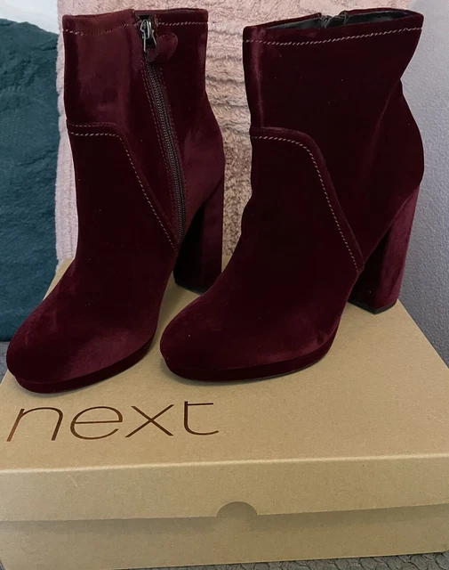 NEXT BURGUNDY RED Velvet Heeled Zip Up Ankle Boots Size UK 7 Boho ...