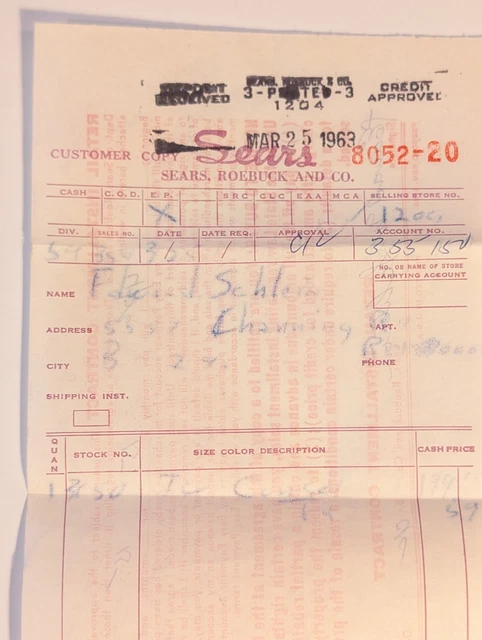 VINTAGE STORE RECEIPT from Sears Roebuck 1963 Paper Ephemera Junk ...