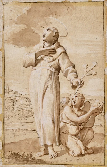 17TH CENTURY ITALIAN OLD MASTER INK & WASH DRAWING - SAINT ANTHONY OF ...