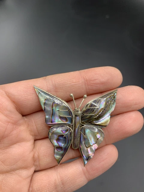 MEXICO ABALONE SHELL Mother Of Pearl Butterfly Brooch Sterling Silver ...
