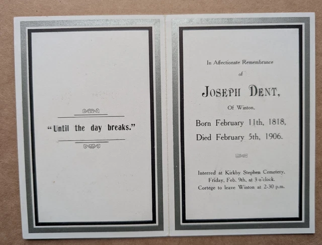 OLD EPHEMERA CARD Funeral In Memoriam Named Dent Kirkby Stephen 1900S ...