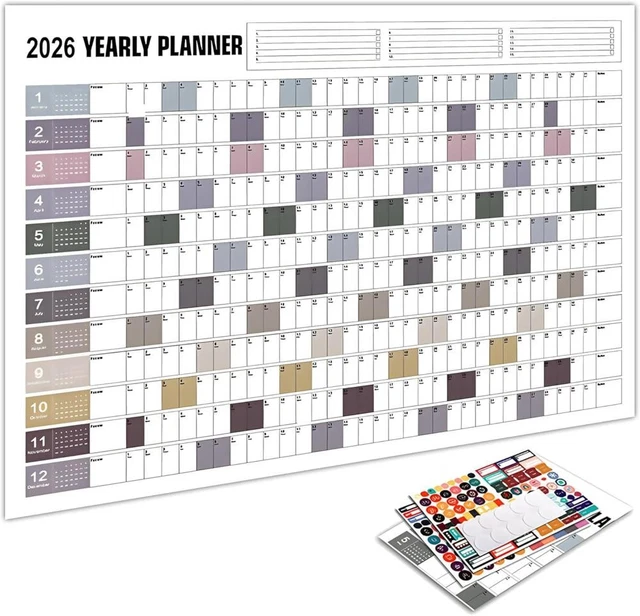 2026 WALL CALENDAR,YEARLY Wall Planner Charts With Colored Stickers ...