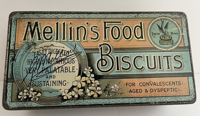ORIGINAL ANTIQUE VICTORIAN Mellin's Food Biscuits Empty Tin/Lid Nice ...