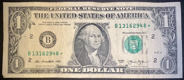 STAR NOTE ONE Dollar Circulated Fair Condition B13162948* Series 2013 £ ...