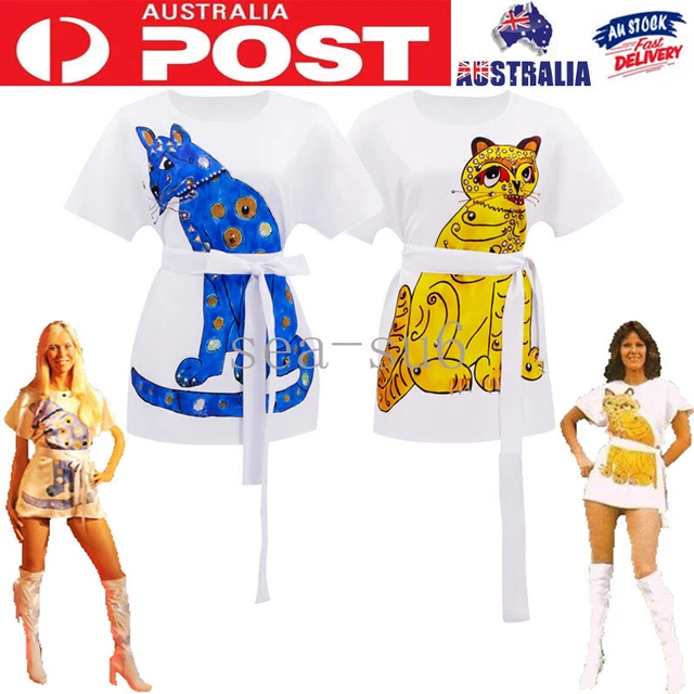 ABBA FRIDA AGNETHA Ladies 80s Costume 70s Yellow Or Blue Cat Dress ...
