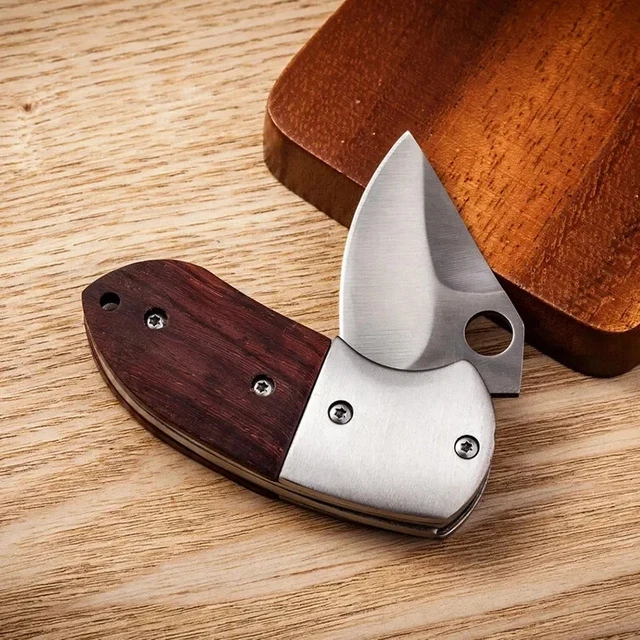 MINI COUTEAU PLIANT de poche, manche en bois, camping, chasse, survie ...