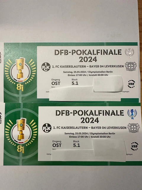 2 TICKETS DFB Pokal Finale 2024 in Berlin, 1. FCK - Bayer 04, Kat. 1 ... 2 TICKETS DFB Pokal Finale 2024 in Berlin, 1. FCK - Bayer 04, Kat. 1 ...