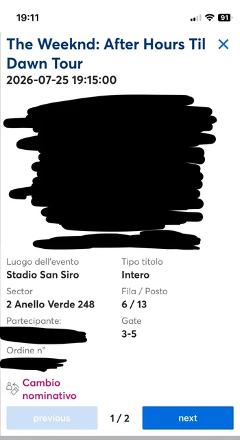 2 BIGLIETTI PLATINUM THE WEEKND San Siro 25/07/2026 SECONDO ANELLO ...