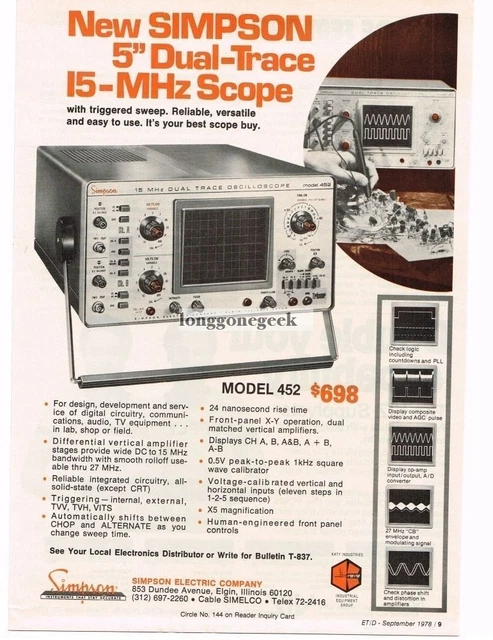 1978 SIMPSON MODEL 452 5" Oscilloscope TV Radio Test Equipment Vintage ...